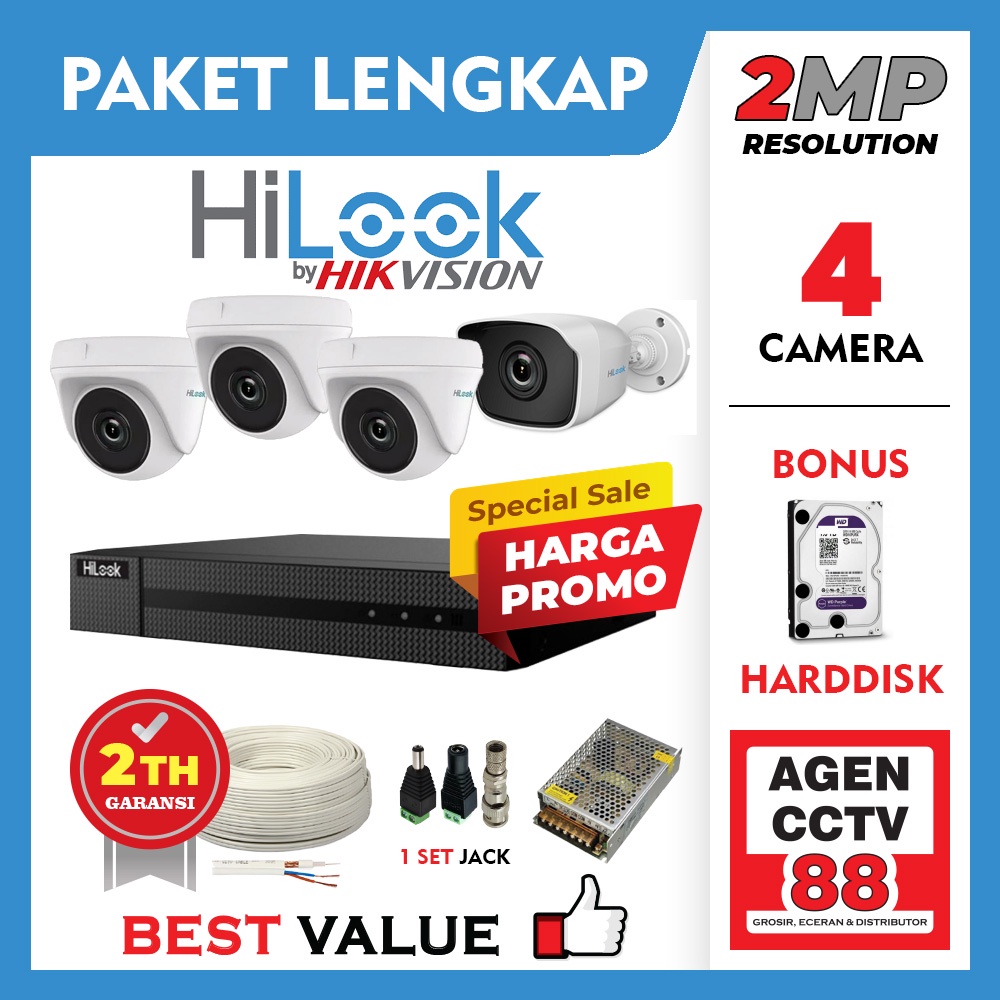 Jual Paket CCTV HILOOK 4CH 4 Channel Kamera Full HD 2MP LENGKAP +Kabel +HDD | Shopee Indonesia