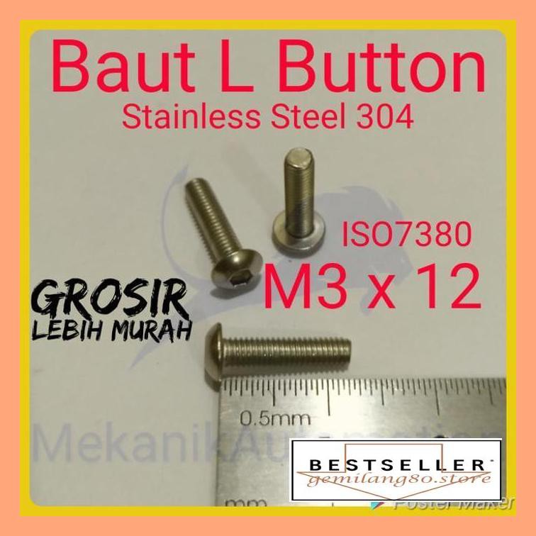 Jual Baut & Mur Tools- Baut Button L M3 X 12 Stainlesssteel 304 48A450D | Shopee Indonesia