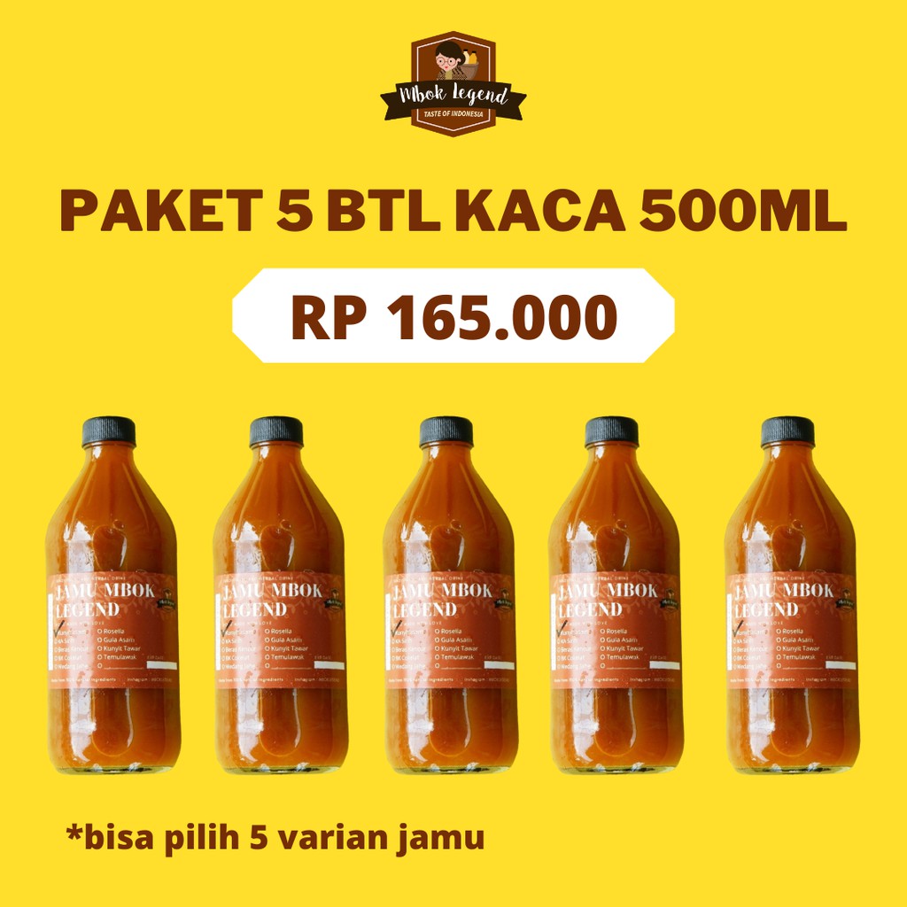 Jual PAKET 5 BOTOL KACA 500 ml Jamu Mbok Legend | Shopee Indonesia