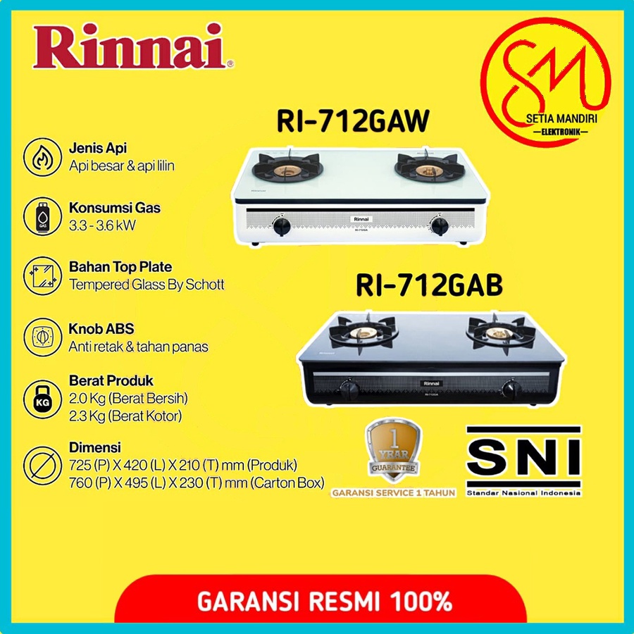 Jual RINNAI RI712GA W/B Kompor Gas 2 Tungku Tempered Glass RI-712GA I ...