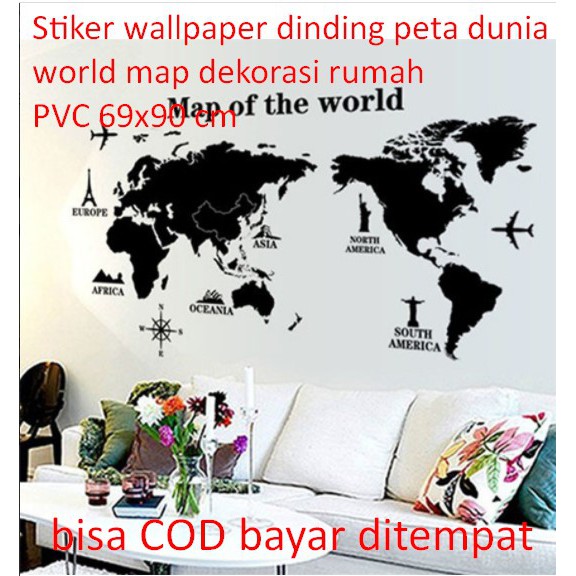 Jual Stiker wallpaper dinding peta dunia world map dekorasi rumah PVC ...