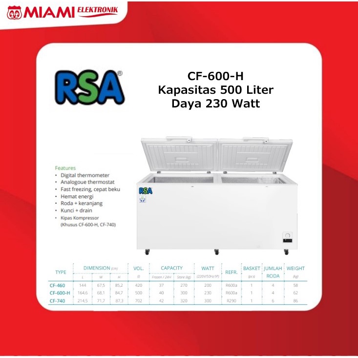 Jual Chest Freezer RSA CF-600-H / CF600H / CF-600H 500 Liter 230 Watt Garansi Resmi | Shopee ...
