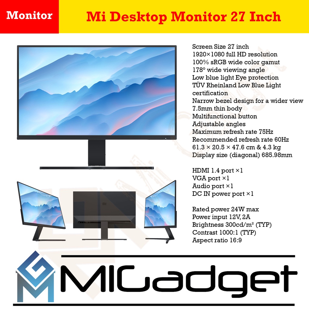 Jual Xiaomi Mi Desktop Monitor 27 Inch 27" Full HD Slim 75Hz | Shopee ...