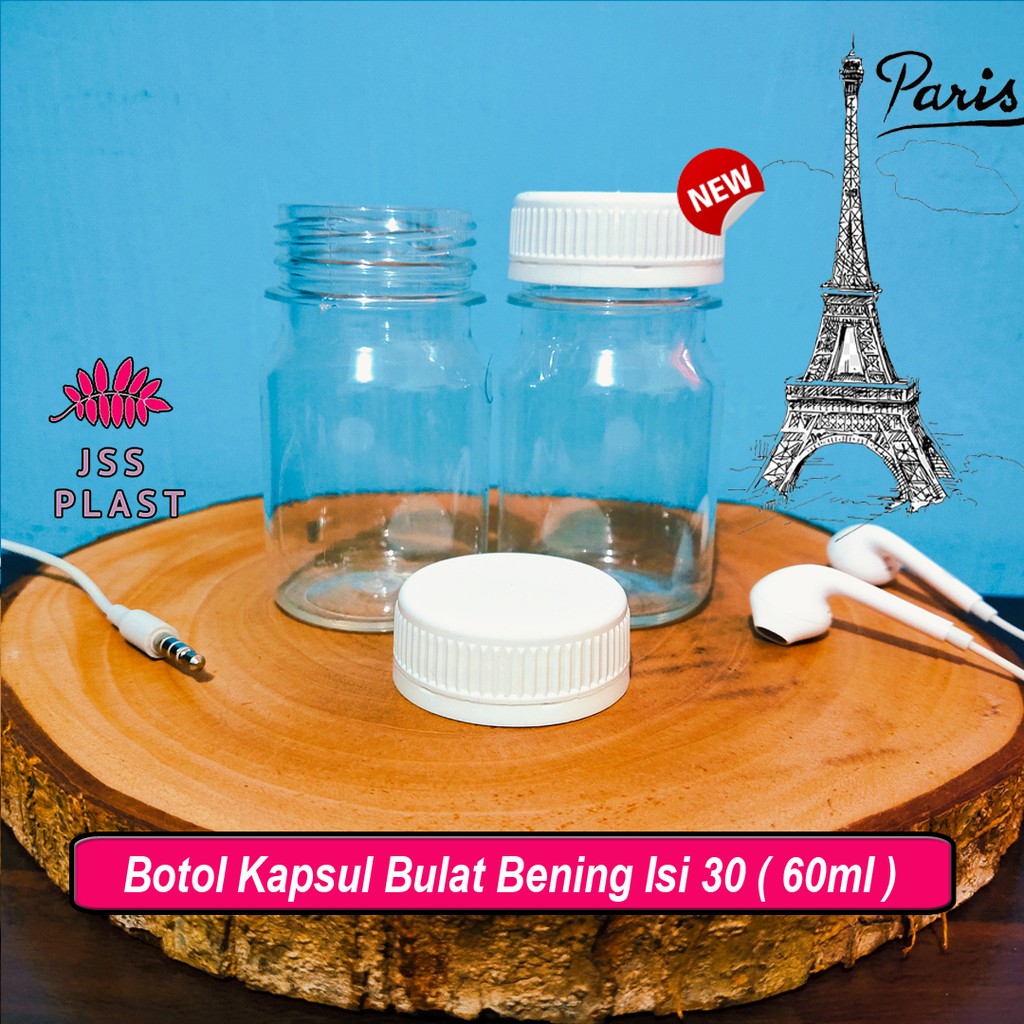 Jual BOTOL KAPSUL ISI 30 BULAT BENING 60ML / BOTOL TINTA TUTUP ULIR ...