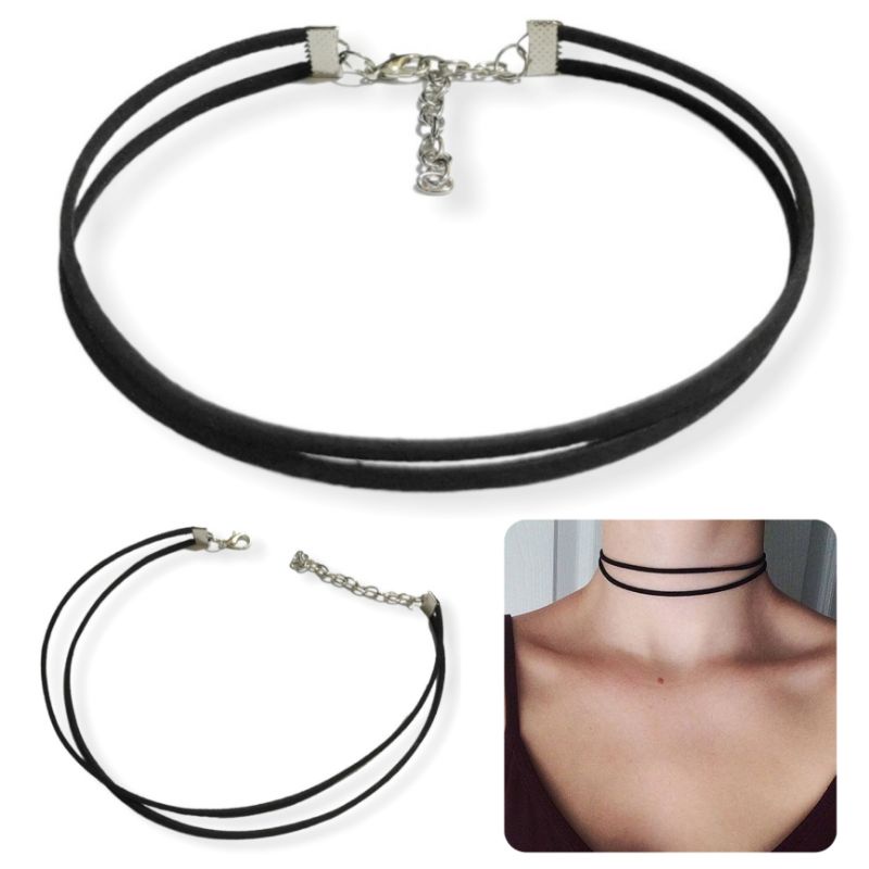 Jual Double Layer Suede Plain Choker Basic Kalung Dua Lapis Multilayer Edgy | Shopee Indonesia