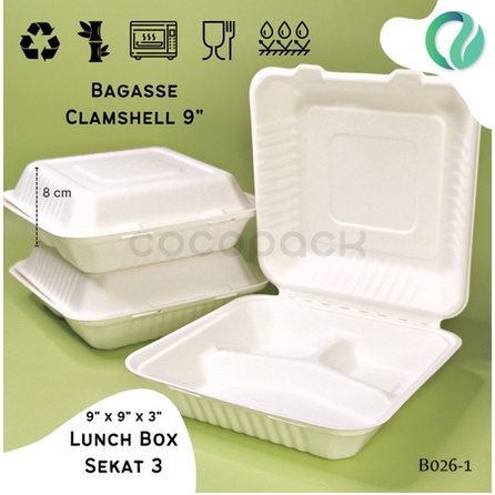 Jual Tempat Makan Kotak 25 PCS Bagasse Clamshell 9 Inch - Sekat 3 | Shopee Indonesia