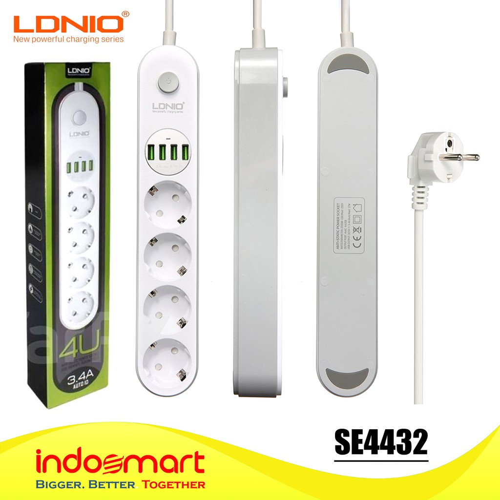 Jual Colokan Listrik 4 Port + USB 4 Port 3,4A Auto ID LDNIO SE4432 ...