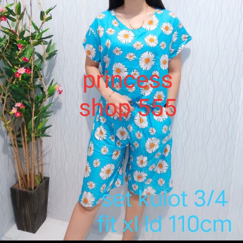 Jual setelan baju bali dewasa motif bunga matahari size XL celana 3/4 bahan tebal dan adem ...