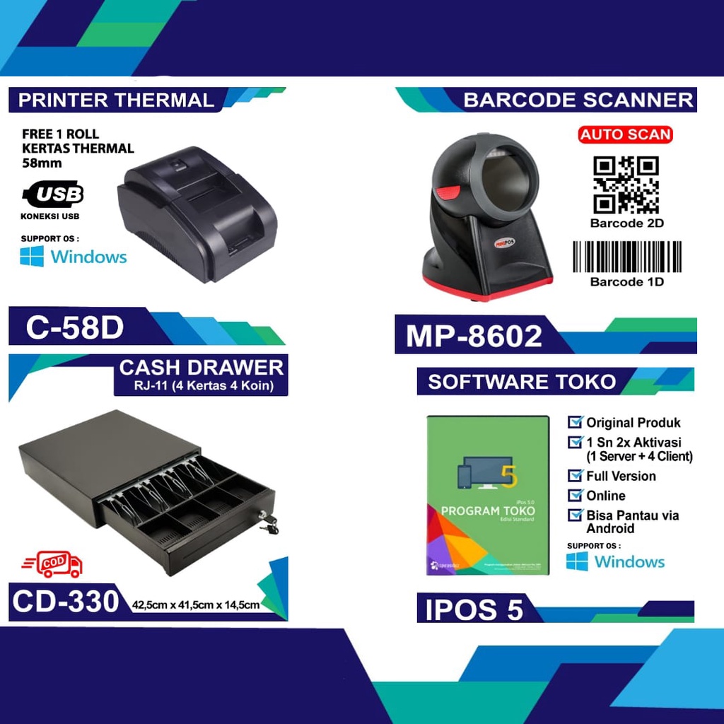 Jual PAKET KASIR PROGRAM TOKO IPOS 5 STANDART BARCODE SCANNER PRINTER KASIR LACI UANG/ CASH ...