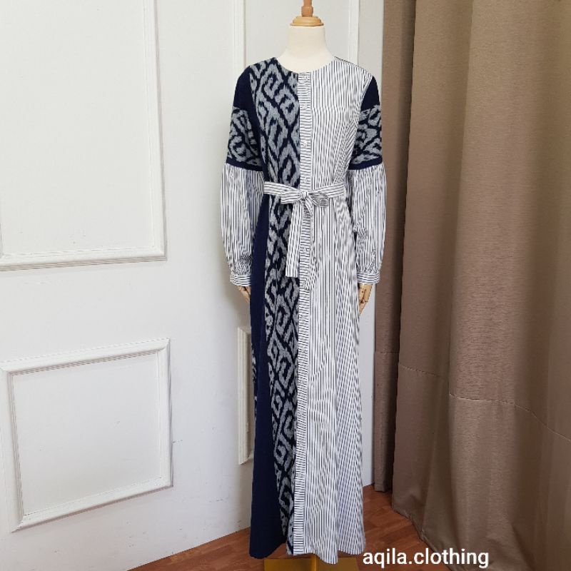 Jual Gamis Tenun Garis G0498 Navy | Shopee Indonesia