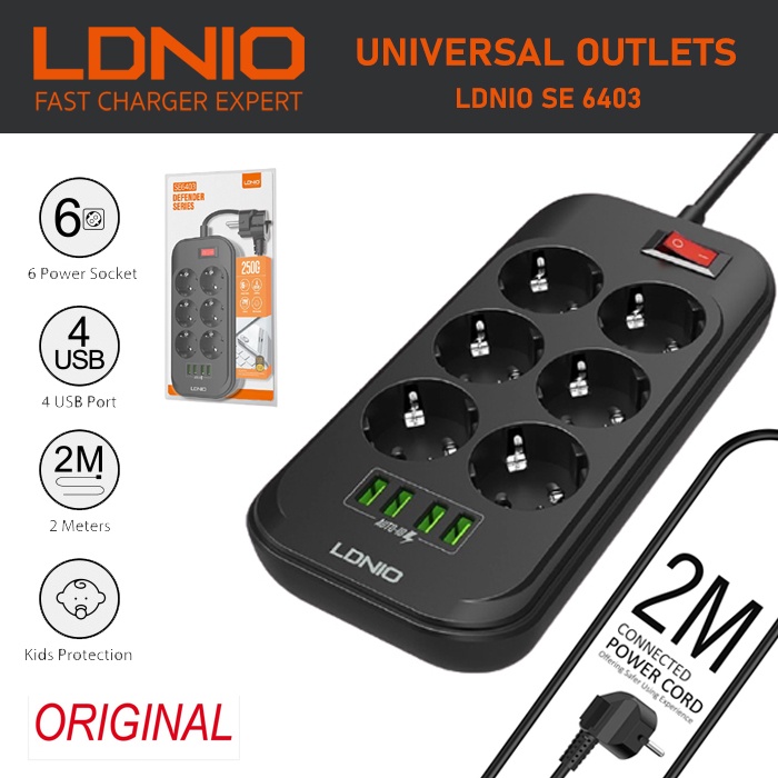 Jual Stop Kontak LDNIO SE6403 6 Power Socket + 3 USB Charger Fast Charger | Shopee Indonesia