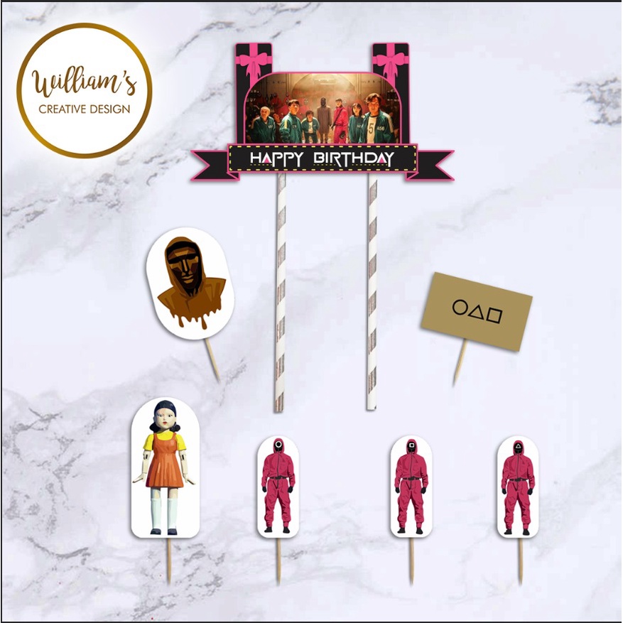 Jual Hiasan Kue Cake Topper Happy Birthday Squid Game isi 6 | Shopee ...