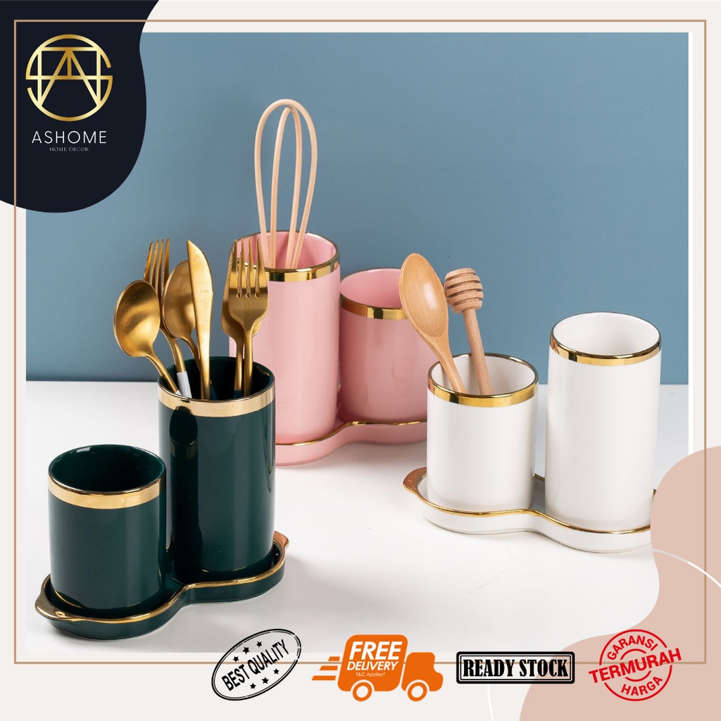 Jual ASHOME Set Tempat Sendok Keramik dengan 2 Tabung List Gold ...