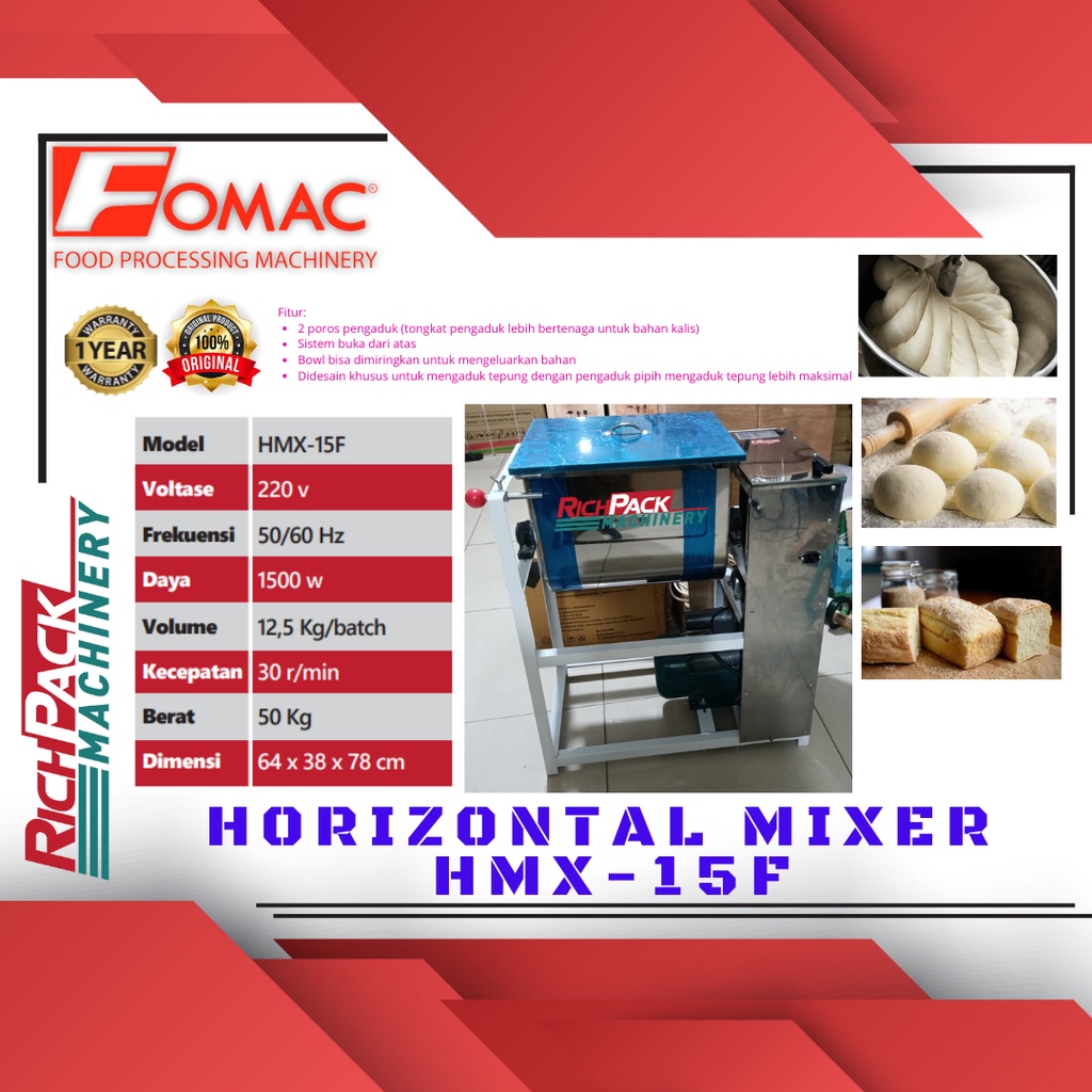 Jual HORIZONTAL DOUGH MIXER MESIN PENGADUK BUBUK POWDER HMX-15F FOMAC ...