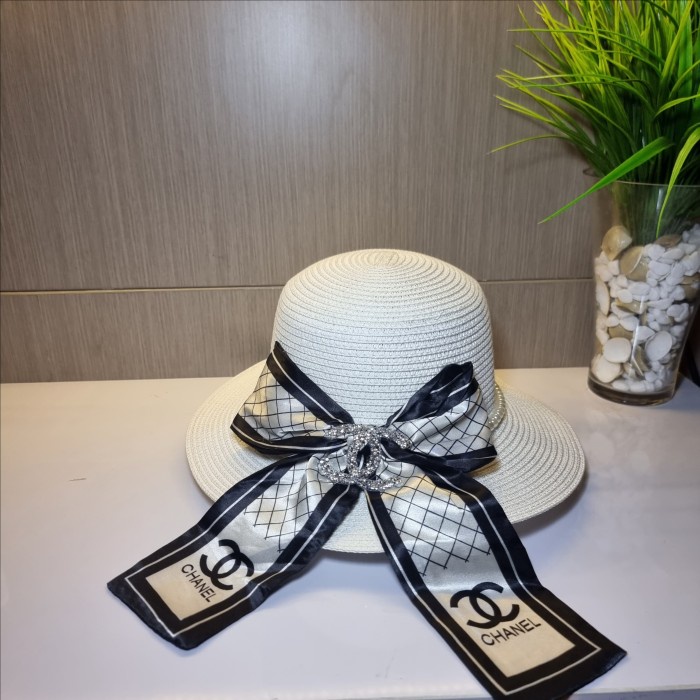 Jual PROMO Topi Pantai Chanel Silk Ribbon & Pearl Import - Putih ...