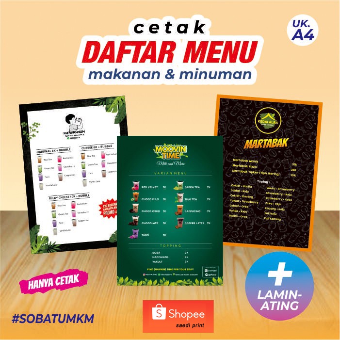 Jual Cetak Menu Meja, Daftar Harga Makanan Minuman uk A4 + Laminating ...