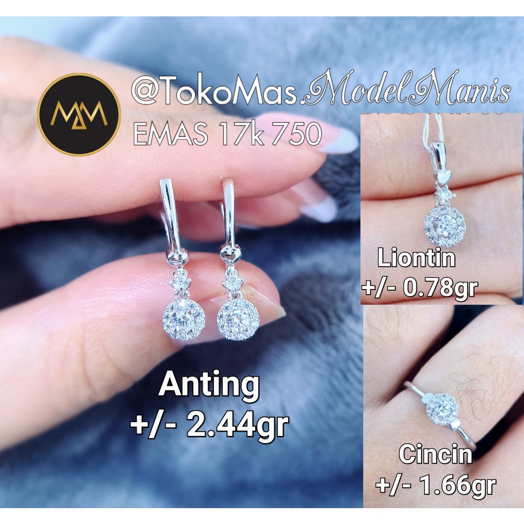 Jual Perhiasan Set Anting Cincin Liontin diamond looks emas putih 750 ...
