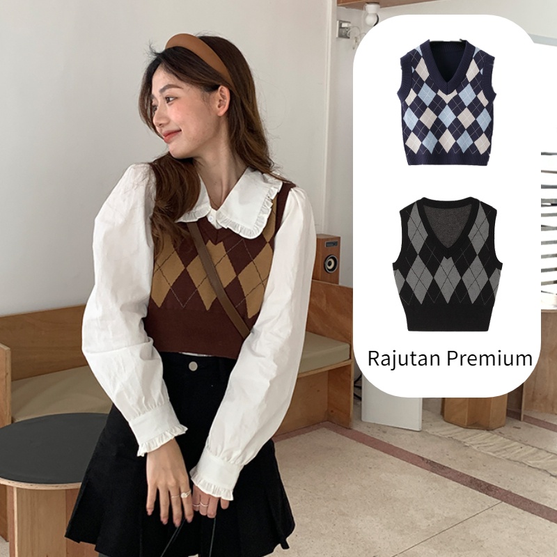 Jual Knit Vest Kotak Rompi Rajut Wanita Vest Korea Crop Tee Vest Rajut ...