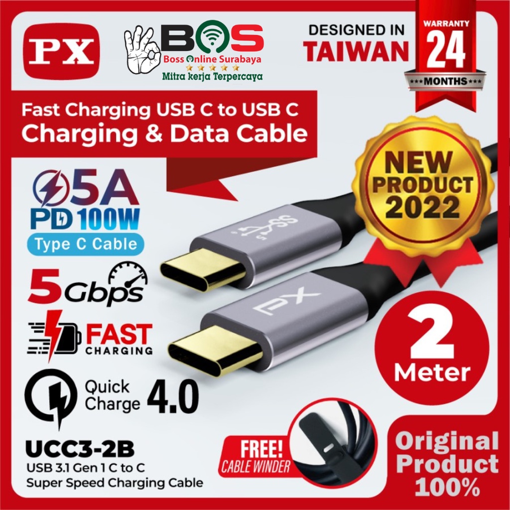 Jual Kabel Data USB Type C To Type C Fast Charging 100W 2M PX UCC3-2B | Shopee Indonesia