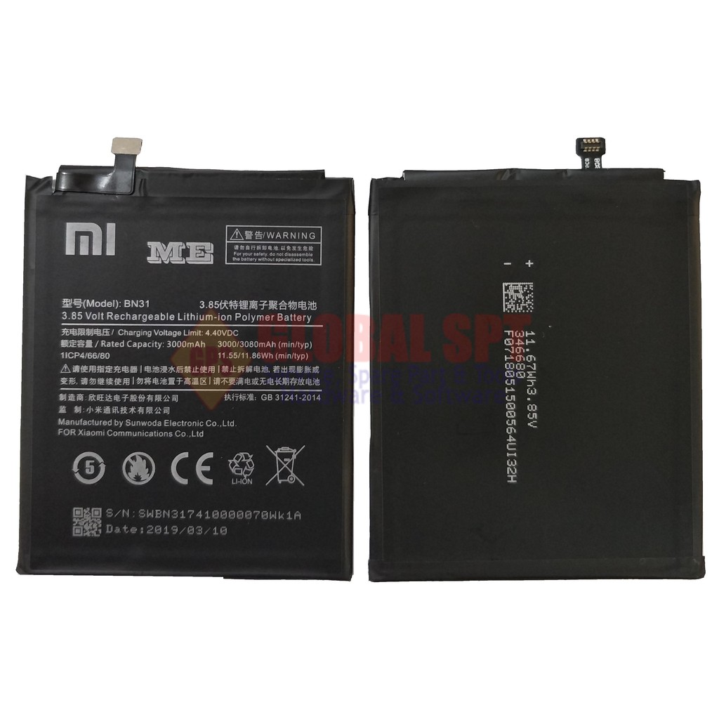 Jual ME / BATERAI XIAOMI BN31 / XIAOMI NOTE 5A / MI5X / MIA1 | Shopee ...
