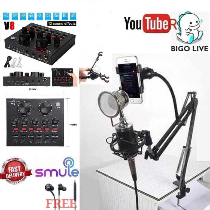 Jual Paket Komplit Mic BM8000 Soundcard V8 Stand Mic Phone Holder ... Jual Paket Komplit Mic BM8000 Soundcard V8 Stand Mic Phone Holder ...