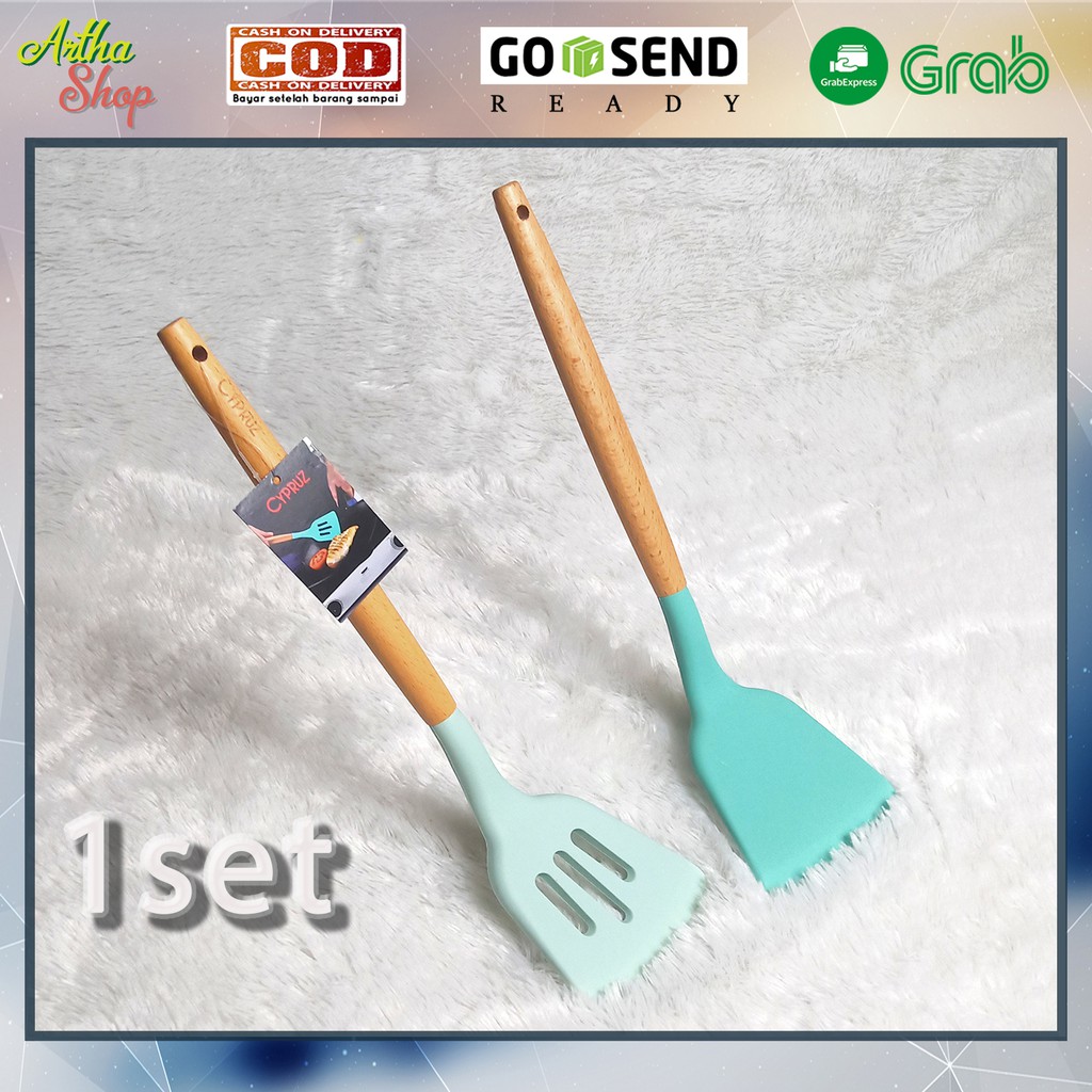 Jual 1SET Spatula Gagang Kayu / Spatula Lubang Gagang Kayu / Sendok ...