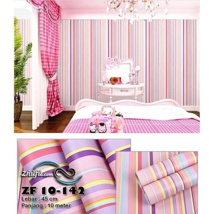 Jual Wallpaper Stiker 45cm X 10m Motif Garis Pink Pelangi Salur Biru