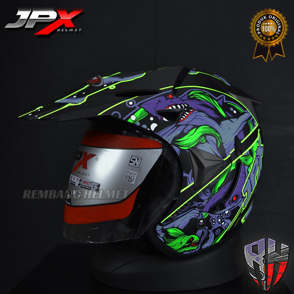 Jual HELM JPX SUPERMOTO MOTIF SHARK BLACK DOFF, HELM HALF FACE, HELM ...