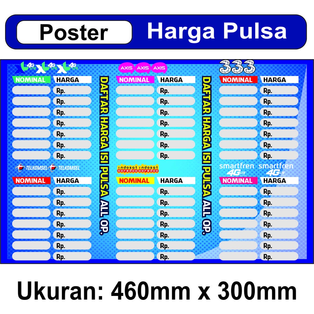 Jual Stiker Poster Daftar Harga Pulsa Landscape Untuk Konter Pulsa ...