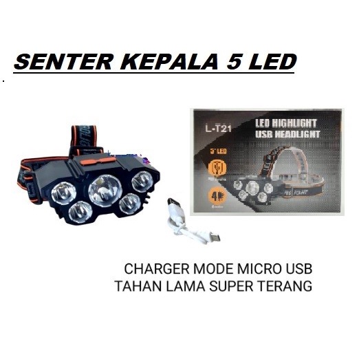 Jual Senter Kepala LT-21 Headlight LED USB 50W+10W Senter Kepala 5 Mata ...