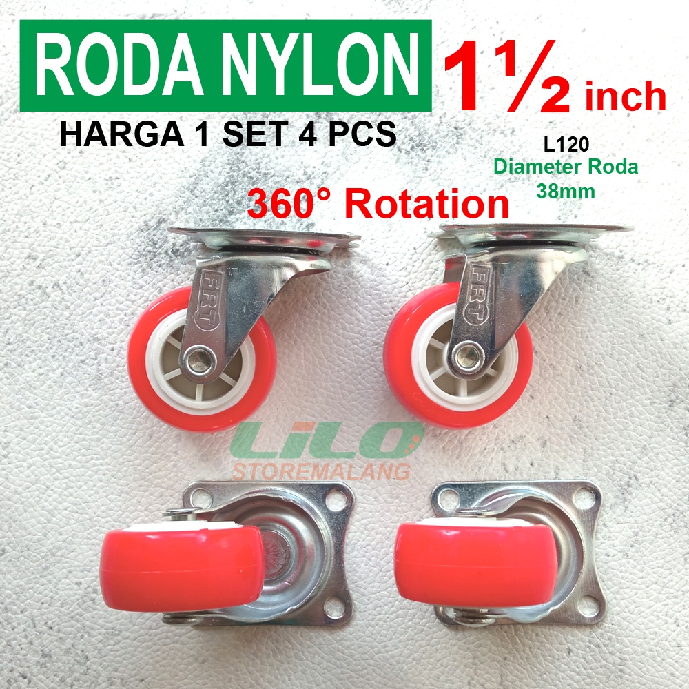 Jual Roda nylon nilon Casters PU PVC 1.5" inch hidup SET 4 Pcs L120 ...