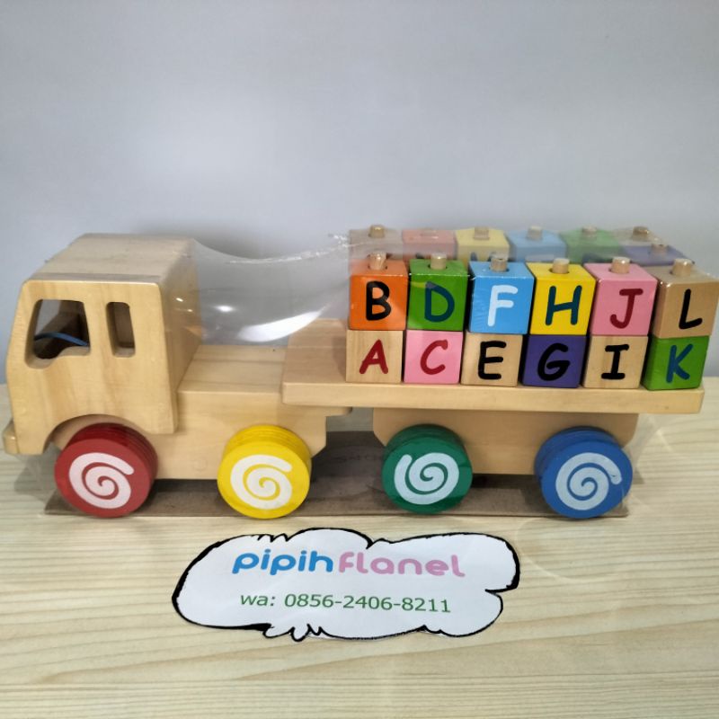 Jual mainan anak balok kayu truk mobil huruf abjad alphabet hijaiyah ...