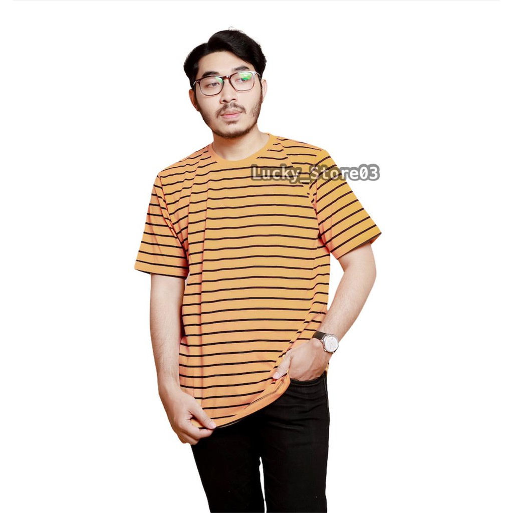 Jual Kaos Stripe Kuning Kunyit List HItam | Shopee Indonesia