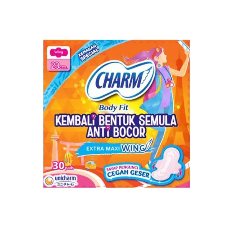 Jual Charm Pembalut 23cm Body Fit Extra Maxi Wing (20'S/ 30'S) | Shopee ...