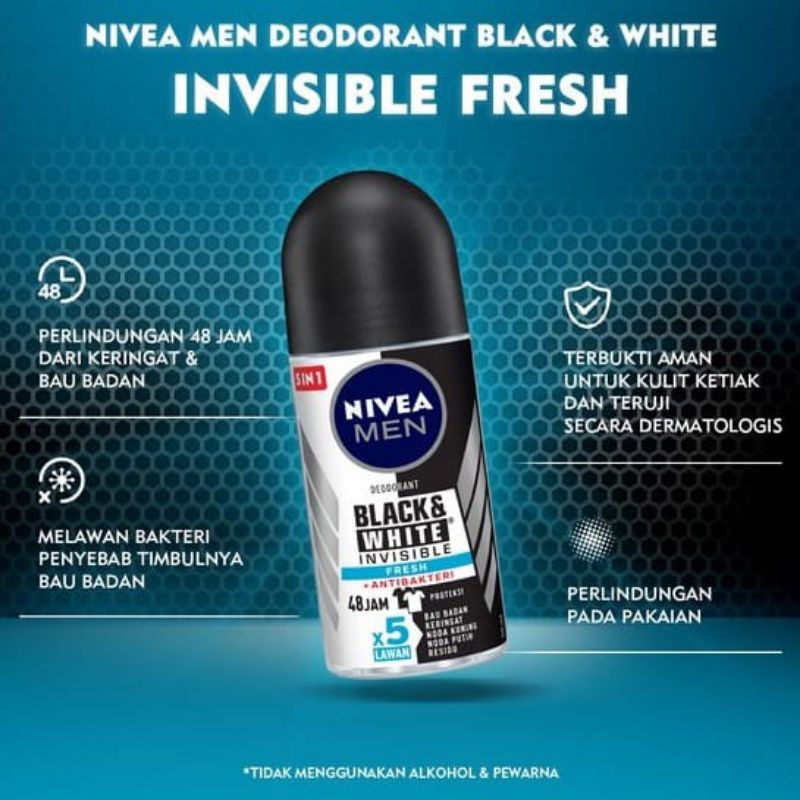 Jual Nivea Men Deodorant Roll On Invisible Black & White Fresh 25ml/Nivea Men Deodorant Roll On ...