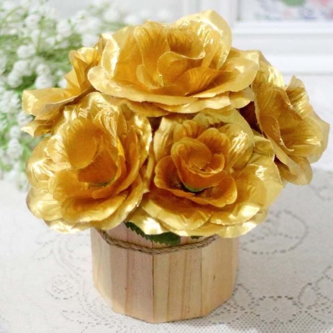 Jual bunga plastik MAWAR EMAS GOLD tanaman artificial hias KAYU BULAT ...