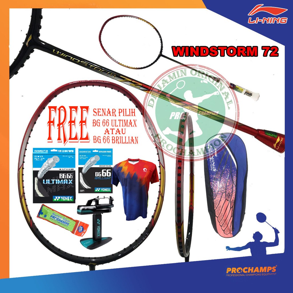 Jual (PAKET) LINING WINDSTORM 72 SHINE RAKET BADMINTON ORIGINAL ...