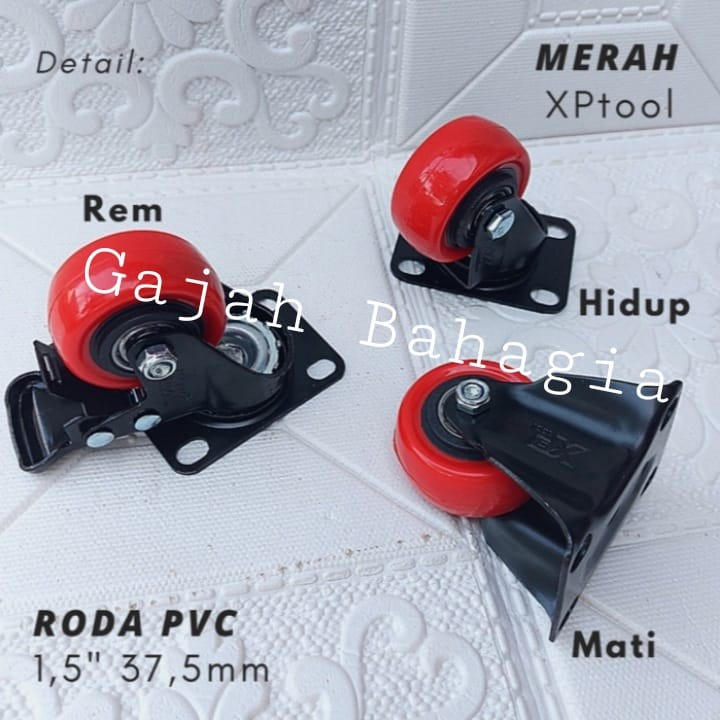 Jual Roda PVC 1.5 inch 40 mm Merah Hidup Rem Mati Roda Kastor Troli ...