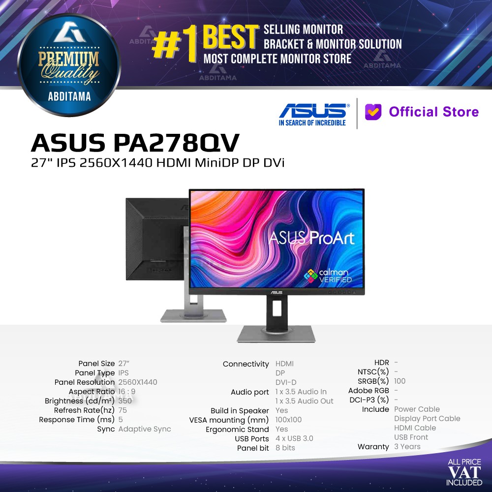 Jual Monitor LED Asus Pro Art PA278QV 27" IPS 2560x1440 HDMI MiniDP DP ...