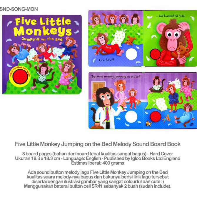 Jual Buku Five Little Monkey Jumping On The Bed Melody Sound Board Book ...