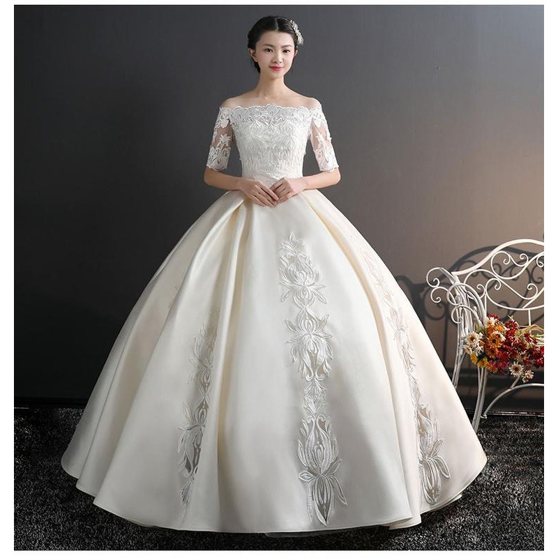 Jual Gaun Pengantin 1805056 Putih Gading Satin Sabrina Lengan Siku ...