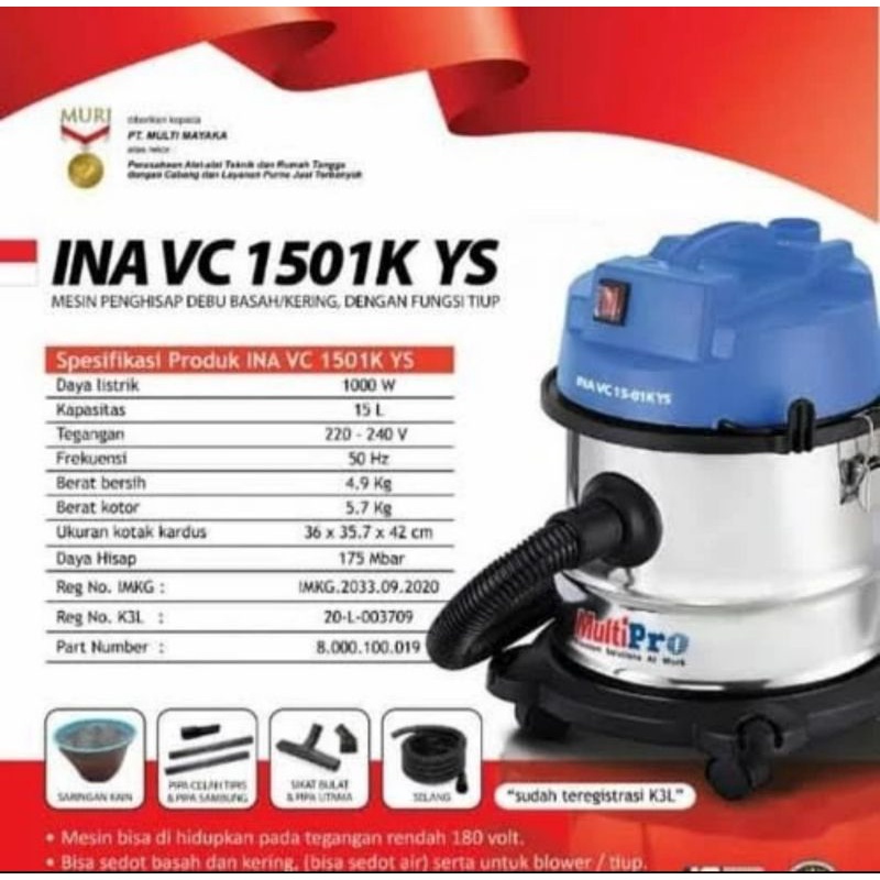 Jual MULTIPRO VACUUM CLEANER INA VC 15-1 MD SEDOT DEBU 15 LITER BASAH KERING BLOWER WET DRY ...