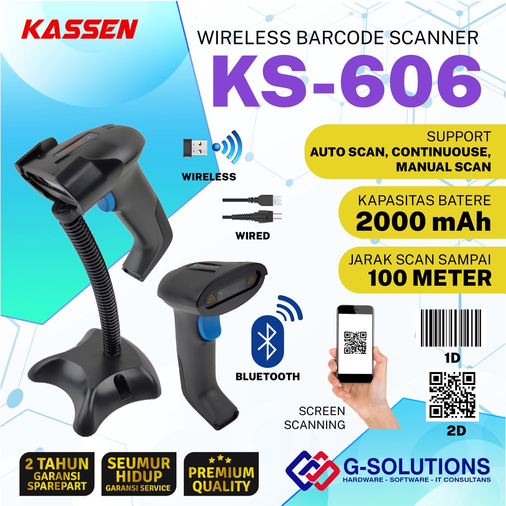 Jual BARCODE SCANNER KASSEN KS-606 2D BLUETOOTH 2,4G WIRED UP TO 100 ...