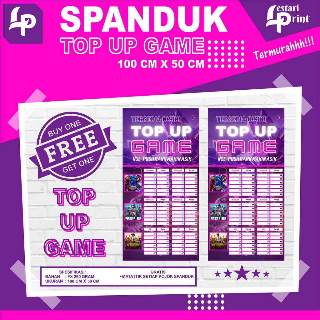 Jual SPANDUK TOP UP GAME / BELI SATU DAPAT SATU / KONTER / BANNER / LESTARI PRINT | Shopee Indonesia