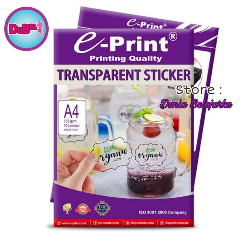 Jual Eprint Sticker / Kertas Stiker Transparan Bening A4 150 gsm isi 10 ...