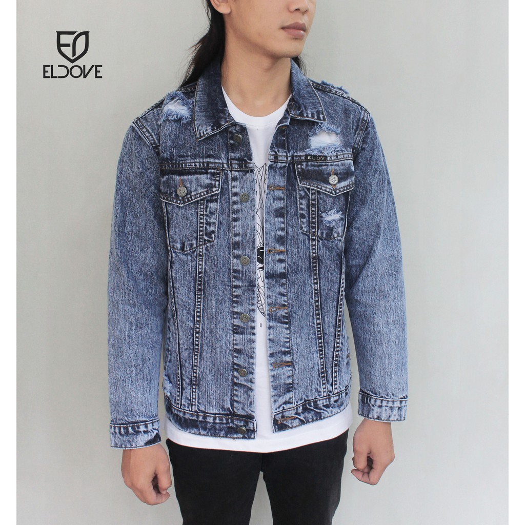 Jual Eldove Denim Jacket Dark Blue Destroy / Ripped 5086 | Shopee Indonesia