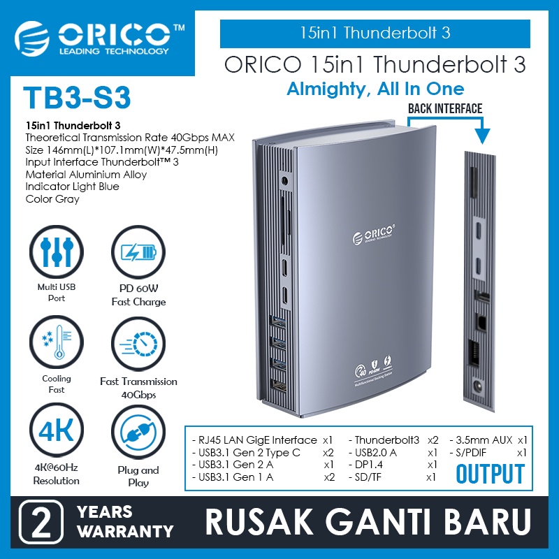 Jual ORICO 15in1 Thunderbolt 3 40Gbps DP RJ45 PD SD TF Type C USB - TB3-S3 | Shopee Indonesia