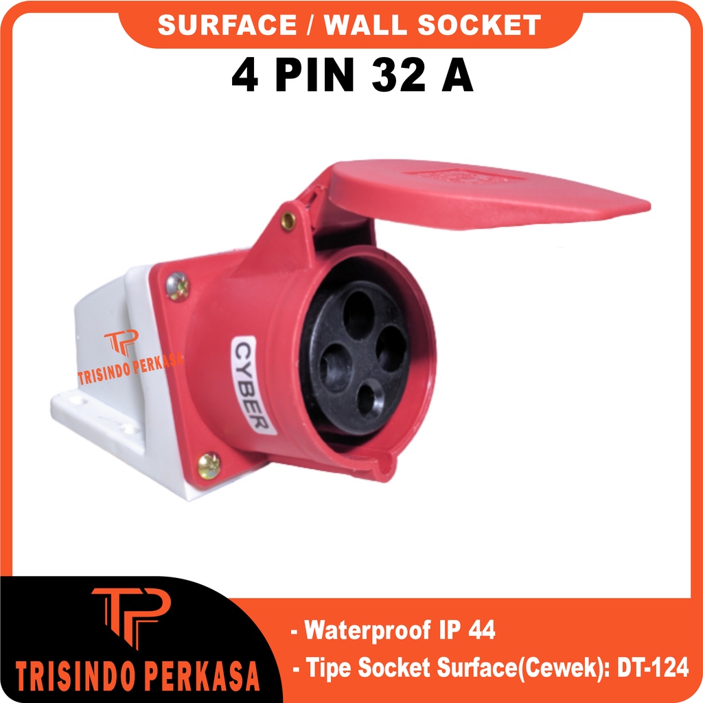 Jual Surface Mounting Industrial Wall Socket 4P / 4 Pin 4Pin 32A 32 Ampere 124 IP44 4 Kaki 4Kaki ...