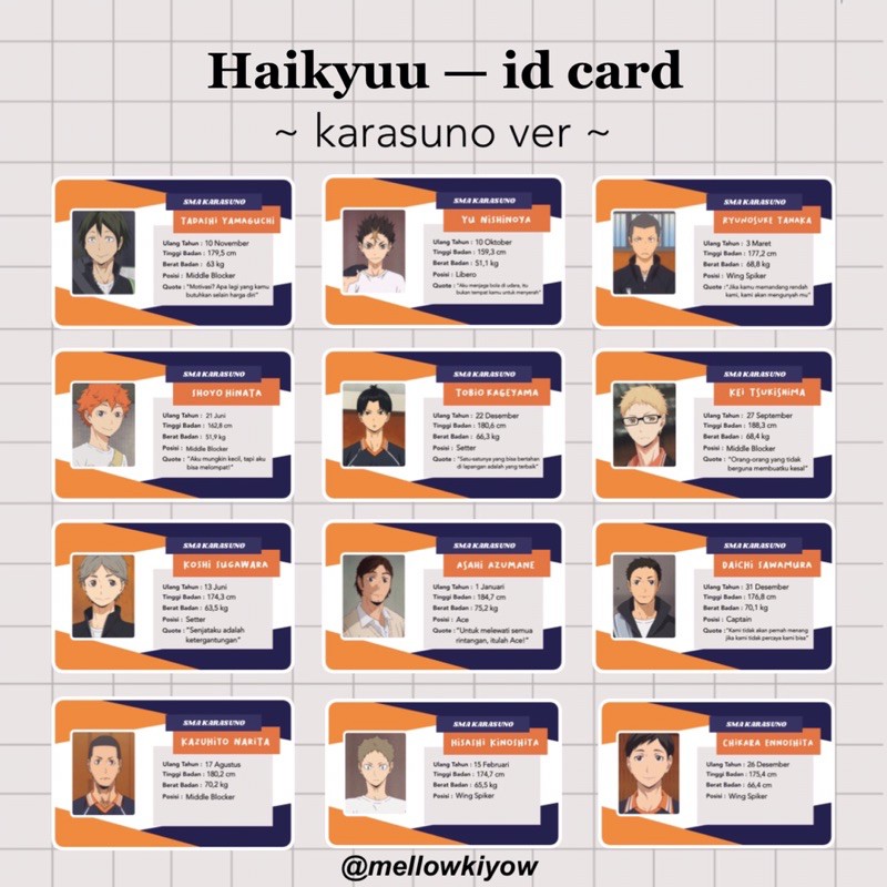 Jual mellow kiyow | Haikyuu id card set — karasuno, aoba Johsai, nekoma ...