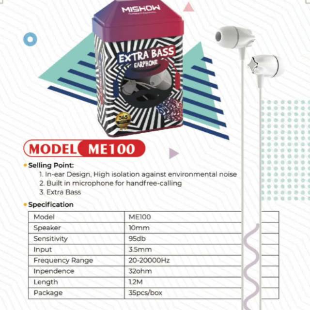 Jual MISHOW Earphone Me-100 ExtraBass with Mic ORIGINAL 100% | Shopee ...